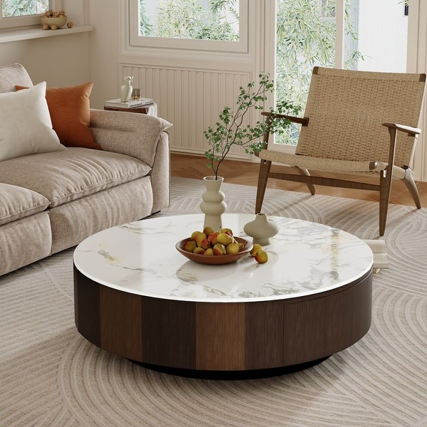 35" Modern Faux Marble Round Coffee Table, White Glossy Sintered Stone ...